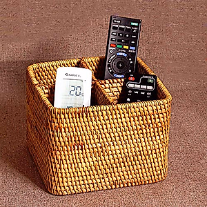 Handweaved Rattan 4 Compartments Cooking Utensil Holder Storage Box Cosmetics Organizer Silverware Caddy Handmade Flatware Caddy and Bottle Serving Basket (180mm 4-Compartment Box)