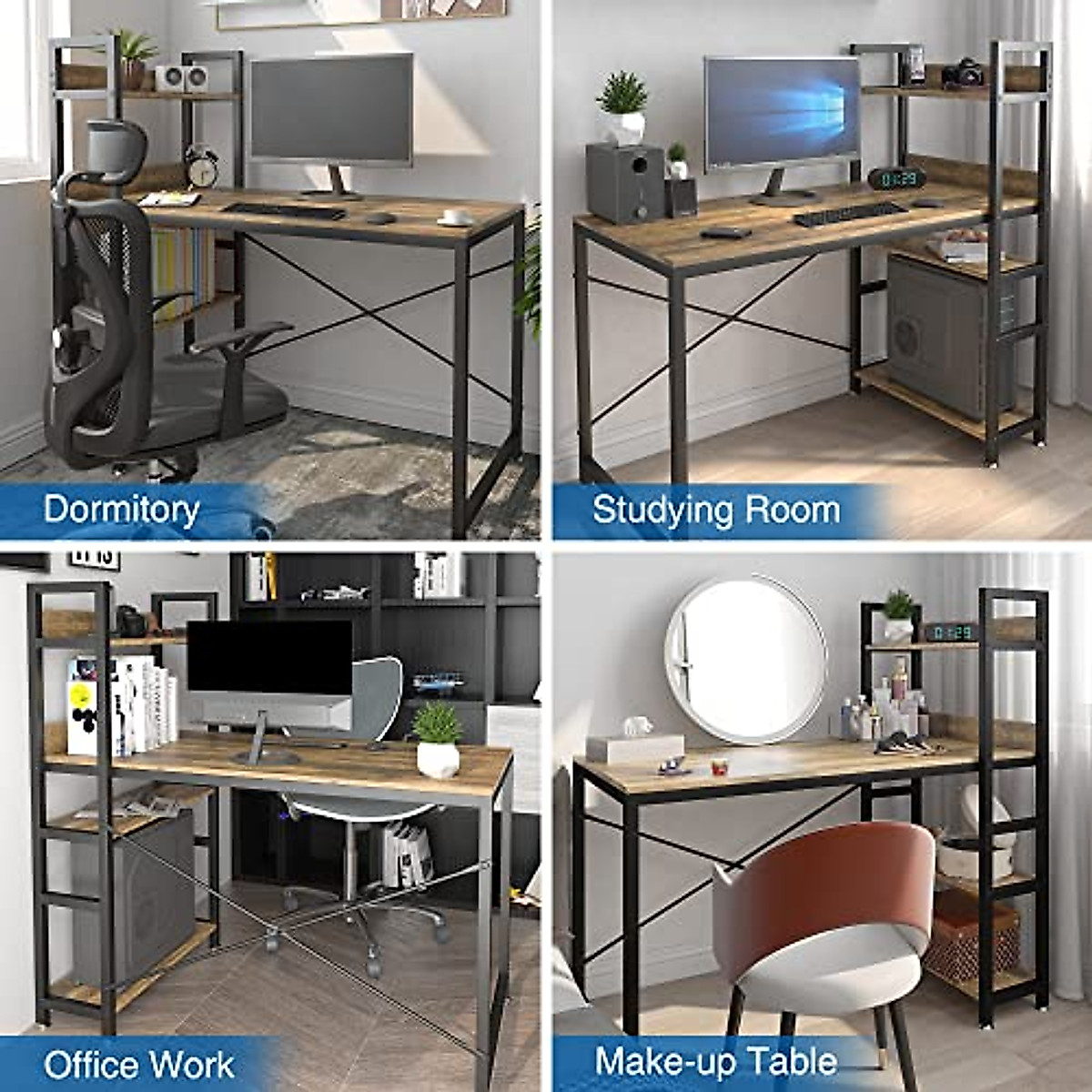 JSungo Computer Desk with 4 Tiers Shelves, 47 Inch Sturdy Table with Reversible Bookshelf for Home Office, Study Tower Desk for Small Space, Industrial Modern Style, Rustic Brown