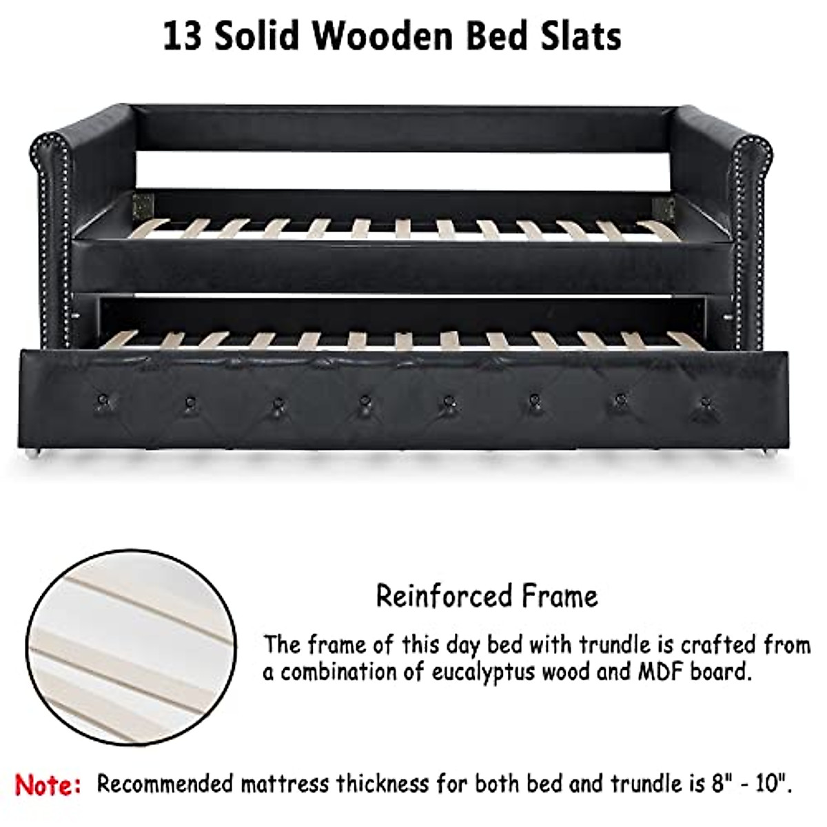 Antetek Daybed with Trundle, Twin Size Upholstered Daybed with A Trundle, Modern PU Leather Day Bed, No Box Spring Required, Sofa Bed for Bedroom, Living Room, Guest Room, Black