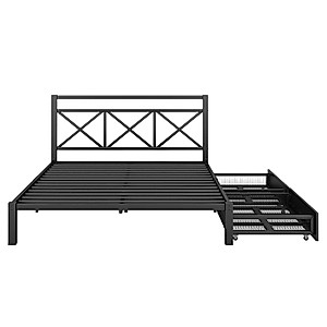 Queen Size Platform Bed Frame, Metal Bed Frame with 2 Storage Drawers Queen Bed Frame with Headboard More Sturdy, Noise-Free, No Box Spring Needed, Easy Assembly, Black