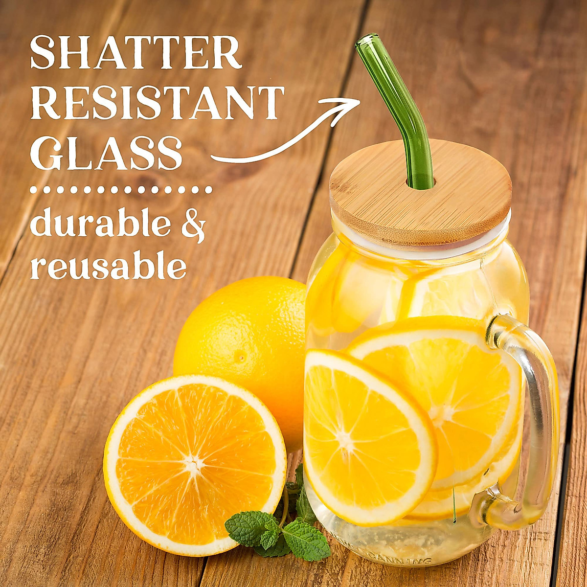 8 Piece Mason Jar lids with straw hole, Bamboo Mason Jar Lids, Bamboo Lids for Beer Can Glass, Mason Jar Drinking Lids With 8 Pcs Bent Glass Straws and 2 Cleaning Brushes, Wooden Mason Jar Lids