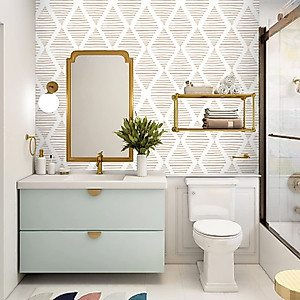 Yun-aeon 17.7" X 120" White and Beige Stripe Peel and Stick Wallpaper Modern Diamond Contact Paper Geometric Removable Wallpaper Self Adhesive Wall Paper for Bedroom Drawers Cabinets Decor Vinyl