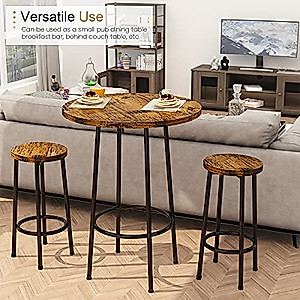 Recaceik 3 Piece Pub Dining Set, Modern Round bar Table and Stools for 2 Kitchen Counter Height Wood Top Bistro Easy Assemble for Breakfast Nook Living Room Small Space Restaurant, Rustic Brown 23