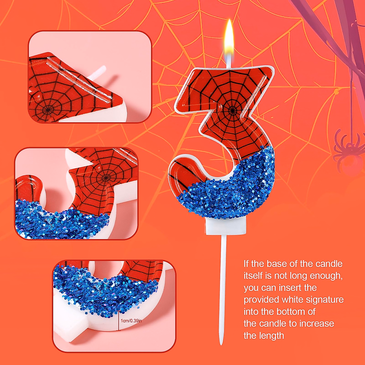Spider Candle, Spider Web Candles Blue Sequins Number Candle Cake Topper Candle Birthday Cake Candles Spider Birthday Decorations for Boy Spider Themed Birthday Party Halloween Supplies (3)