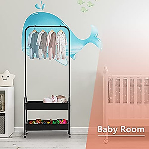 HIDODO Black Clothing Rack, Portable Garment Rack Rolling Clothes Organizer with 2 Tier Metal Baskets, Laundry Cart with Hanging Rack, Small Wardrobe Rack on Wheels for Bedroom, Laundry and Entryway
