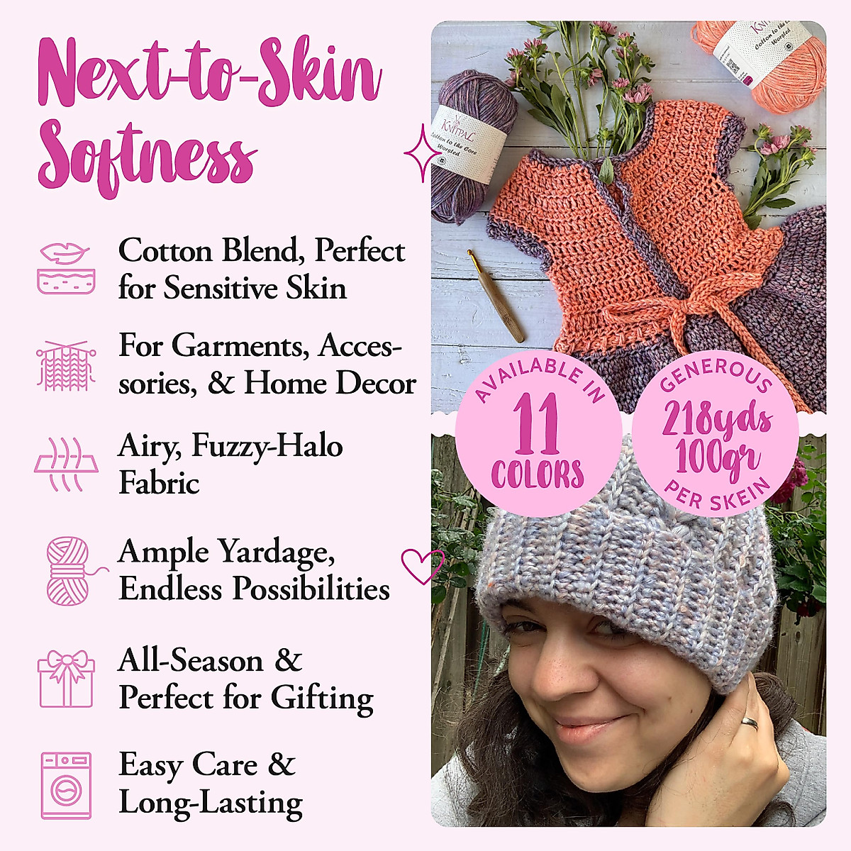 Cotton to The Core Worsted Weight Yarn for Crocheting, 3 Skeins, 654 Yds/300G, Free Patterns - Soft Cotton Yarn for Knitting - #4 Medium Worsted Weight - Grape Purple