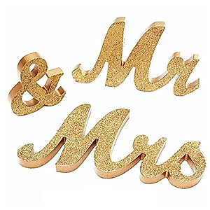 SCHOLMART Mr & Mrs Signs Wedding Wooden Champagne Gold, Table Decorations Wooden, Freestanding Letters for Photo Props, Rustic Wedding Decoration, Anniversary Wedding Shower Gift (Champagne Gold)