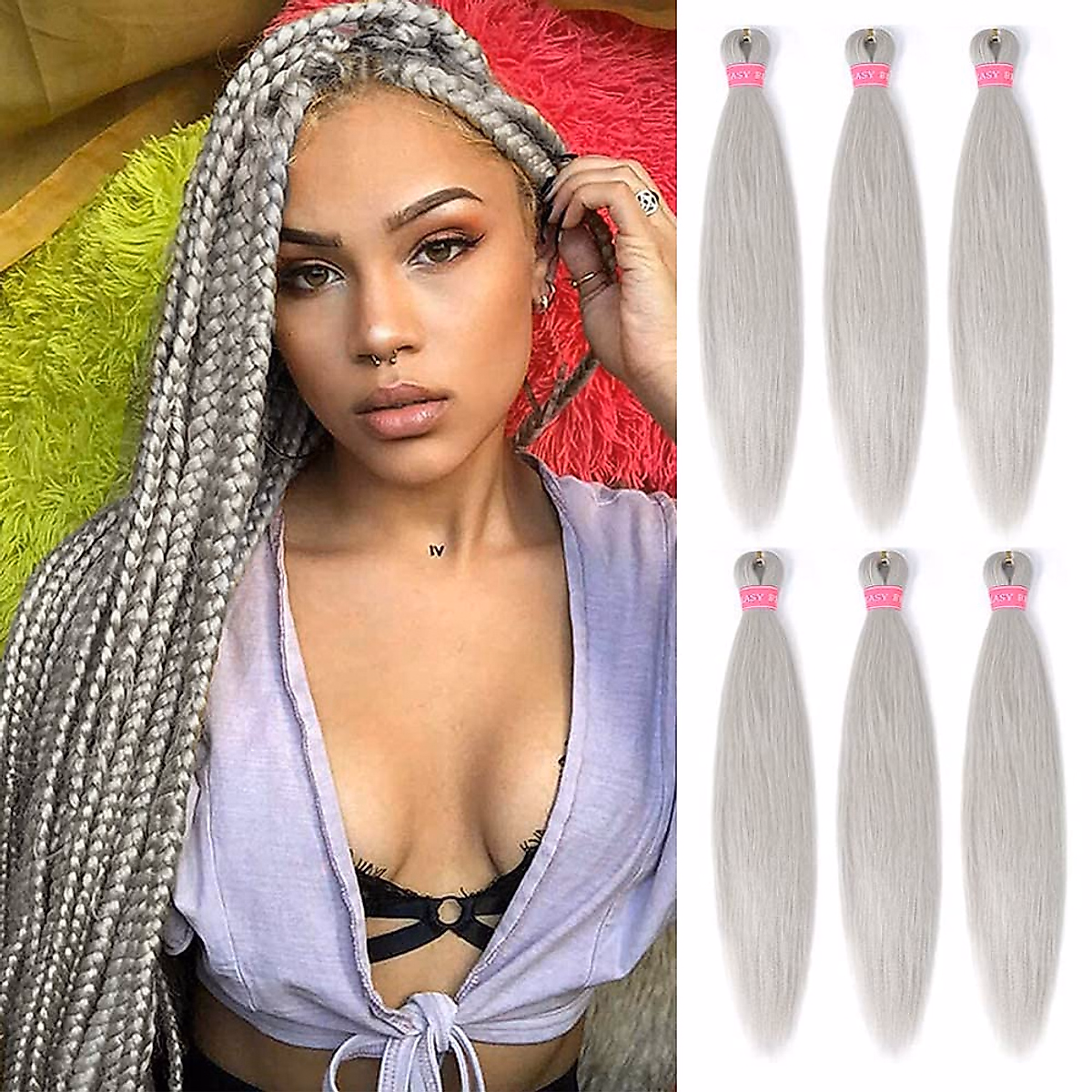 ZERAL Pre Stretched Braiding Hair 6 Packs 28 Inch Long Braiding Hair Professional Synthetic Braiding Crochet Twist Braids Yaki Straight Texture Hair Hot Water Setting (Silver)