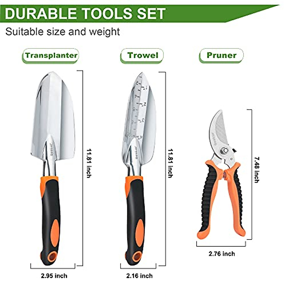 Gostur Garden Tool Set, 3PCS Sturdy Gardening Hand Tools Kit - Trowel/Shovel, Transplanter, Sharp Bypass Pruning Shears/Scissors/Clippers - Comfortable Handle - Ideal Gifts for Men & Women