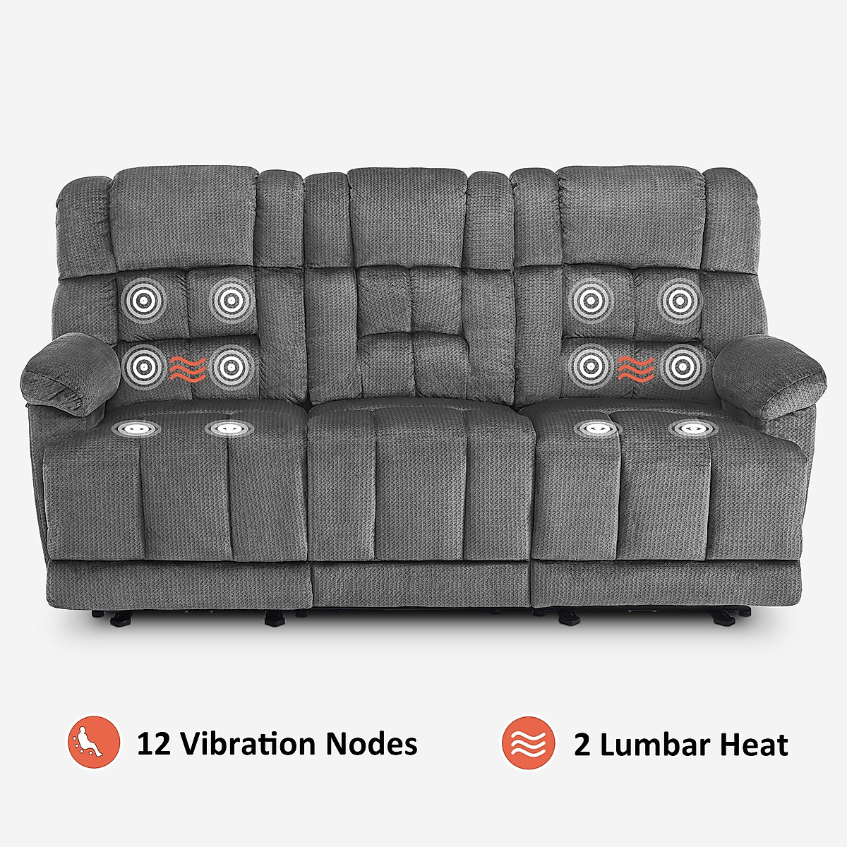 MCombo Power Reclining Sofa with Drop Down Table, Heat and Vibration, USB Ports, 3 Seat Dual Recliner Couch for Living Room RS6236 (Grey)