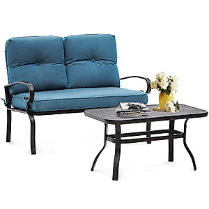 SUNCROWN 2-Piece Patio Loveseat Furniture Set Outdoor Steel Frame Bench with Thick Cushions and Coffee Table - Peacock Blue