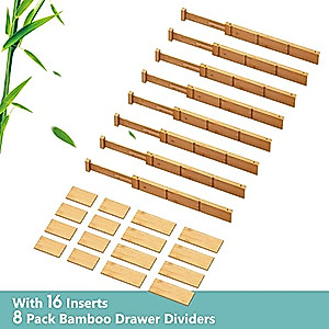 Vriccc Bamboo Drawer Dividers, 8 Drawer Dividers with 16 Inserts, Stackable IN Deep Drawers, Kitchen Adjustable Drawer Organizers, Expandable Organization for Home, Office, Dressers, and Bathroom