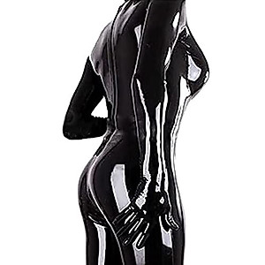 leesuo Women's Sexy Wetlook PVC Catsuit Shiny Zipper Crotch Bodysuit Jumpsuit with Gloves Clubwear