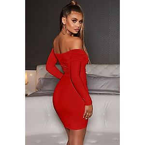 XXTAXN Women's Sexy Elegant Long Sleeve Off The Shoulder Ruched Mini Dress Red