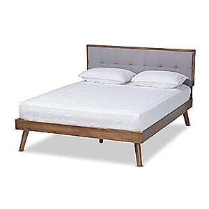 Baxton Studio Alke Mid-Century Modern Light Grey Fabric Upholstered Walnut Brown Finished Wood King Size Platform Bed