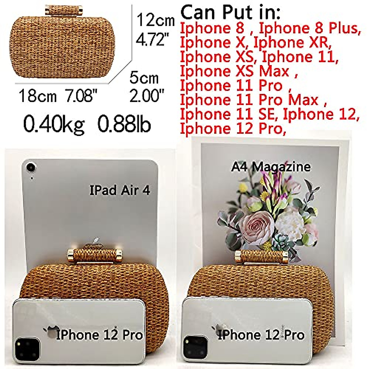 Boutique De FGG Casual Straw Clutch Purses for Women Chain Shoulder & Crossbody Bag Metal Evening Clutches (Small,Coffee)