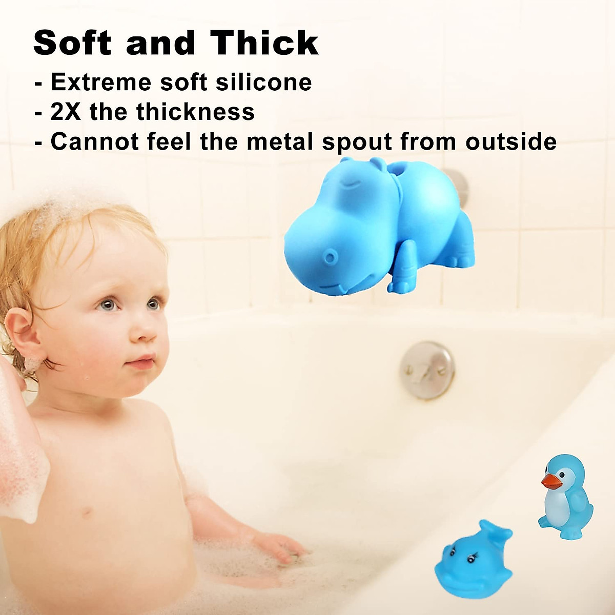 Bath Spout Cover - Faucet Cover Baby - Tub Spout Cover Bathtub Faucet Cover for Kids -Tub Faucet Protector for Baby - Silicone Spout Cover Blue Hippo - Kids Bathroom Accessories - Free Bathtub Toys