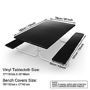 3 PCS Picnic Table and Bench Fitted Tablecloth Cover for 6 Ft Table 30 x 72 Inch Vinyl Fitted Elastic Edges Waterproof Wipeable Tablecloth for Indoor Outdoor Travel Picnics Patio Camping (Black)