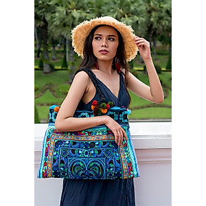 changnoi Unique Fair Trade Tote Bag Embroidered Fabric Large Size from Thailand (Bird Blue)
