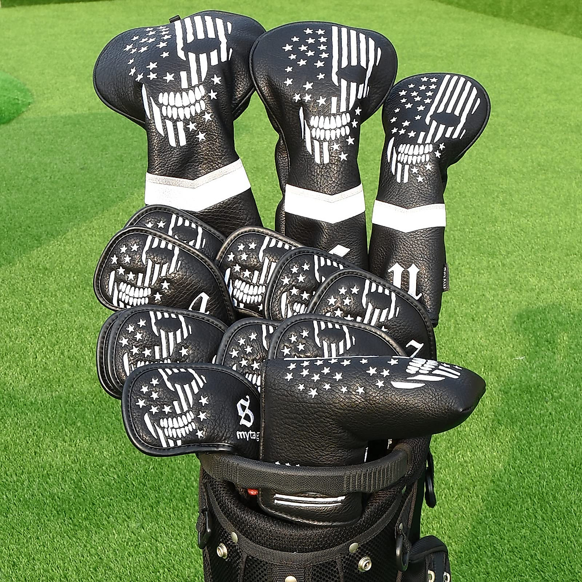 caiobob mytag Golf Skull Skeleton Head Cover Golf Club Black Leather Headcovers Set Fits Driver Fairway Wood Hybrid (1pc Driver Cover)