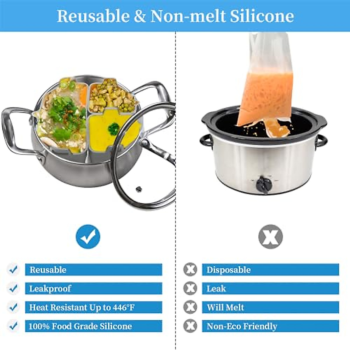 Slow Cooker Liners Divider, Crock Pot Liners Divider Insert Reusable Silicone Cooking Liner Dishwasher Safe, Fit 4QT to 5QT for Slow Cooker Crockpot, Grey