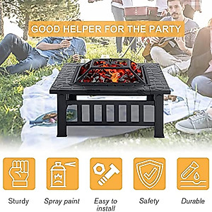 Hkeli 32 inches Fire Pit Square Metal Fire Pit Firepit Outdoor Multifunctional Fire Pit Table Wood Burning Fireplace with Spark Screen & Safety Poker for Patio Backyard Garden, black