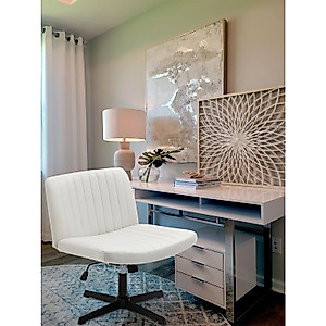 PEFEK Criss Cross Chair Armless Home Office Computer Chair No Wheels PU Leather Vanity Desk Task Chair Adjustable Swivel Ergonomic Living Room Chairs with Padded Backrest & Thickened Cushion (Beige)