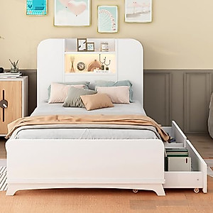 Brisca Twin Size Storage Platform Bed Frame with Two Drawers and Light Strip,Headboard W/ 3 Storage Shelves,for Bedroom,Apartment,Guest Room,White