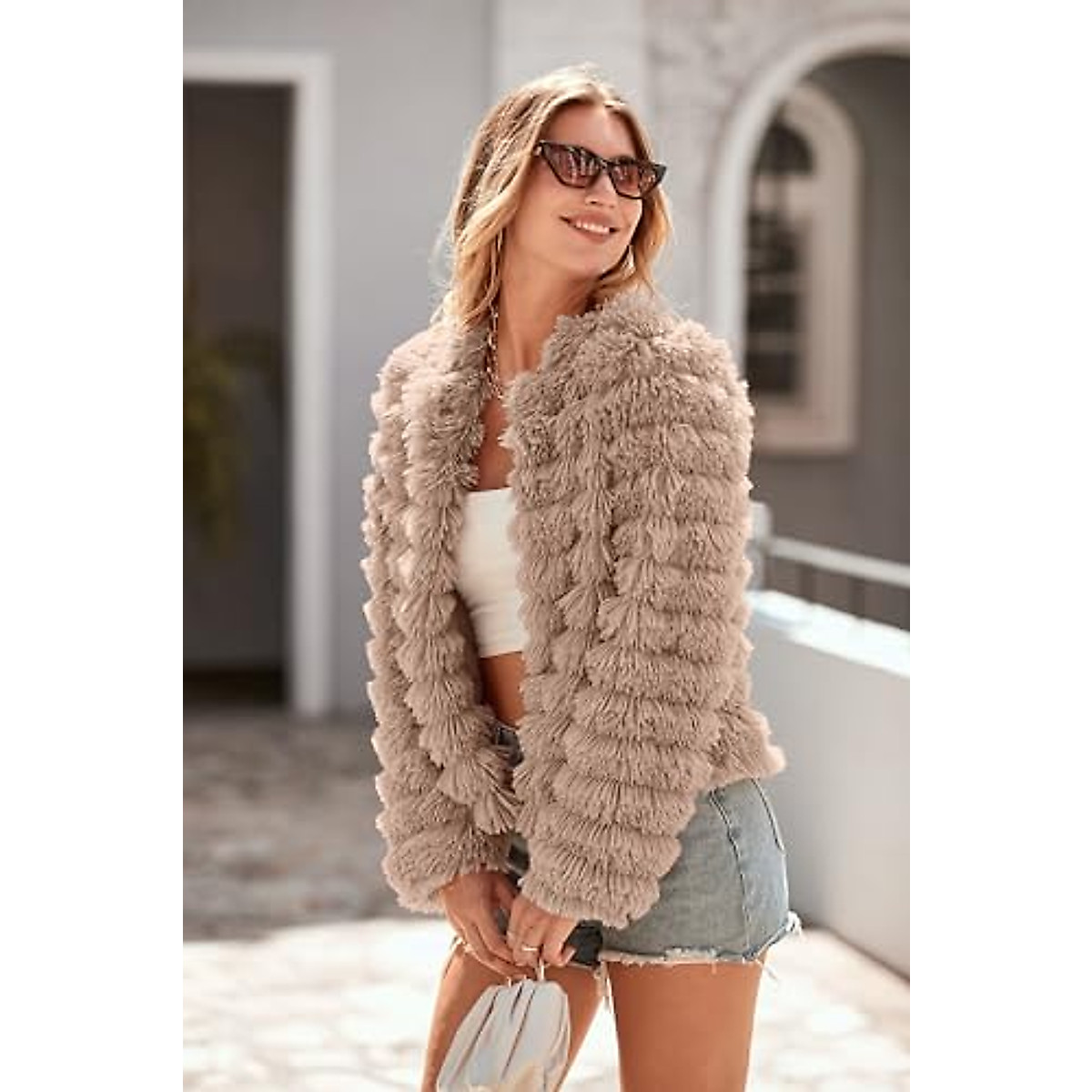 PRETTYGARDEN Womens Winter Coats Fashion Faux Fur Long Sleeve Fleece Shaggy Lightweight Fall Cropped Jacket Outerwear (Dark Khaki,Medium)