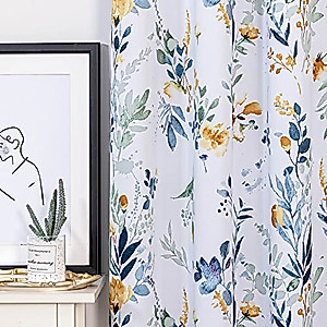 MYSKY HOME Floral Blackout Curtains 63 Inch Long Living Room Bedroom Curtains Thermal Insulated Curtains Room Darkening Curtains Printed Flower Leaf Window Treatments, 2 Panels, Yellow and Blue