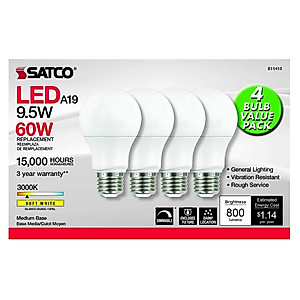 Satco 4.17 Inch 9.5W A19 LED Medium Base Replacement Lamp (Pack of 4)-3000 Color Temperature-Frosted Finish