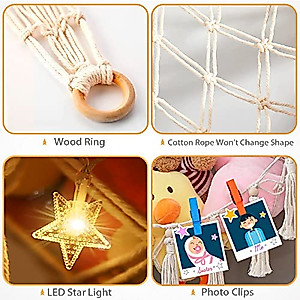 Stuffed Animal Toy Hammock Handmade Macrame Stuffed Animal Net with Photo Clips and Star String Lights, Corner Plush Toys Net Holder Hanging Mesh Toys Net for Nursery Play Room Bedroom