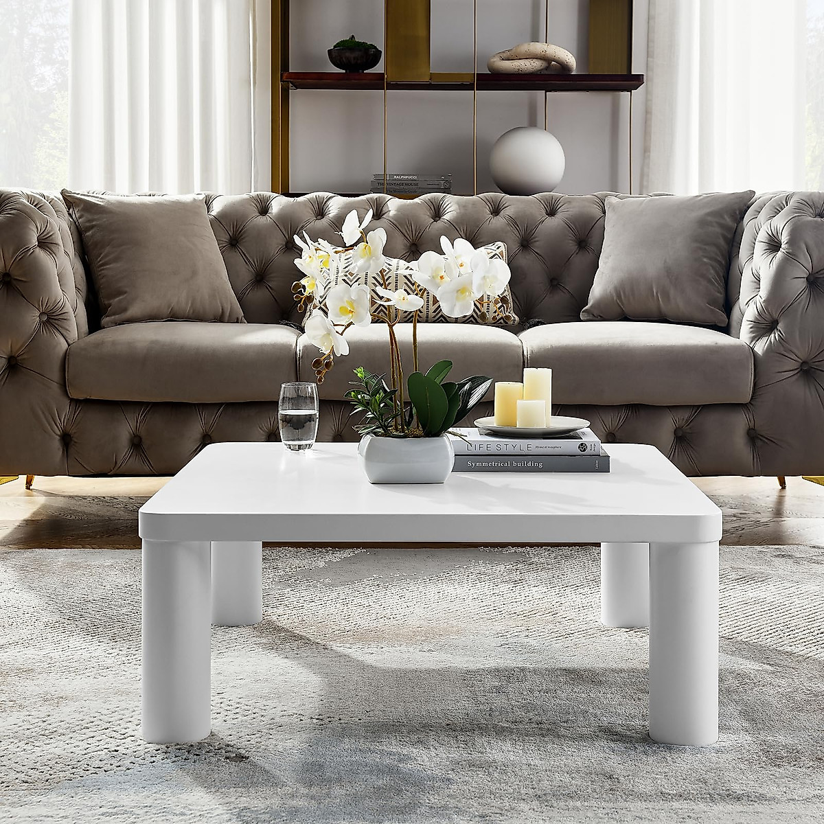 White Coffee Table, Modern Sofa Center Table, Small Square Coffee Stable, TV Stand Side End Table for Small Apartment, Living Room, Office, Home, Office