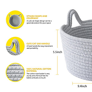 Cafshion Small Toy Basket with Cat Ears, Cute Basket Toy Organizer with Handles Woven Cotton Rope Basket Decorative Basket Nursery Bins & Boxes Gift Basket Empty for Baby Pet Toy Storage
