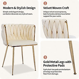 Homtique Dining Chairs Set of 2 Modern Velvet Woven Accent Chair with Gold Metal Legs,Luxury Upholstered Armchair Side Chair for Kitchen Vanity Living Room Bedroom (Cream)