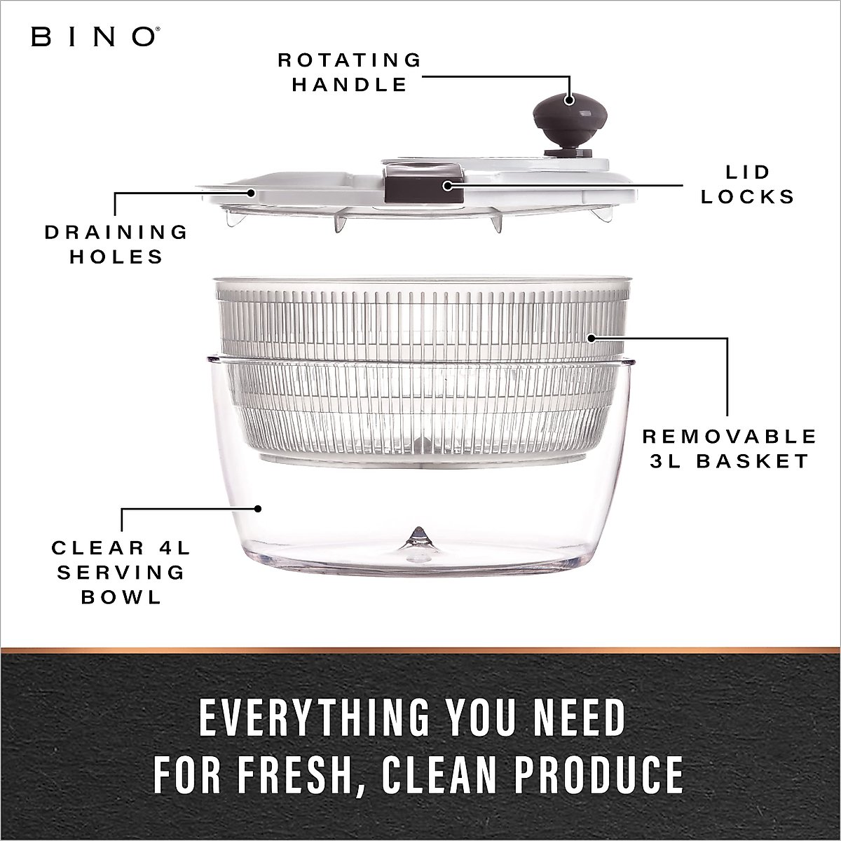 BINO | Salad Spinner - 4.2 Qt | Large Manual Lettuce Spinner with Secure Lid Lock & Built-in Draining System | Salad Spinner with Salad Bowl | Fruit & Vegetable Basket Colander | Kitchen Gadgets