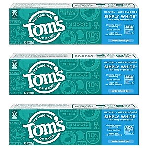 Tom's of Maine Natural Simply White Fluoride Toothpaste, Sweet Mint, 4.7 oz. 3-Pack (Packaging May Vary)