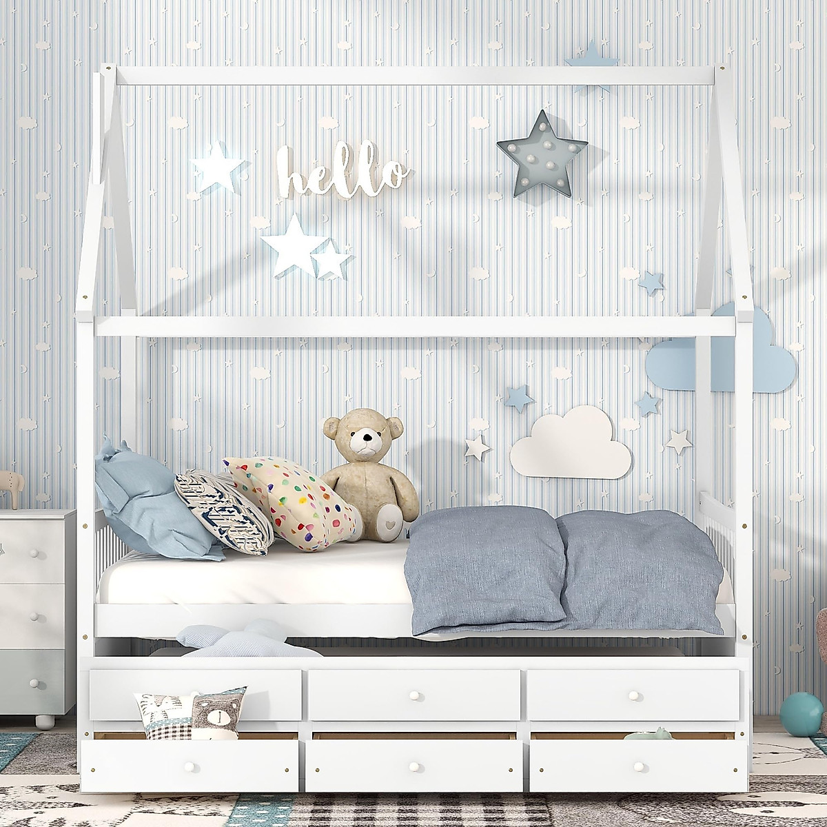 Harper & Bright Designs Full House Bed with Trundle and 3 Storage Drawers, Full Captain's Beds Wooden Storage Daybed Frame for Kids Teens Boys Girls (Full Size, White)