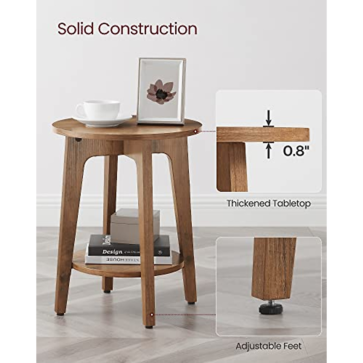 VASAGLE Round End Table with Lower Shelf, Nightstand for Small Spaces, 15.8 x15.8 x 19.7 Inches, Rustic Walnut