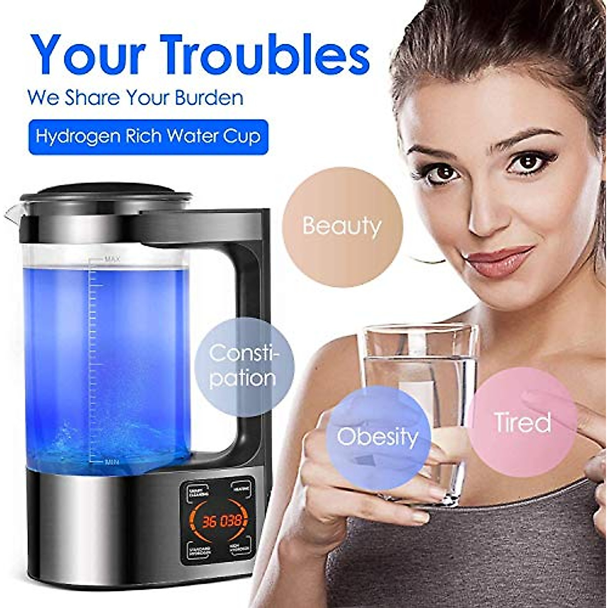 WUGOSU 2L Large Capacity Hydrogen Water Pitcher Maker Machine, Hydrogen Water Bottle Generator with SPE and PEM Technology, US Membrane Make Hydrogen Content up to 1500 PPB