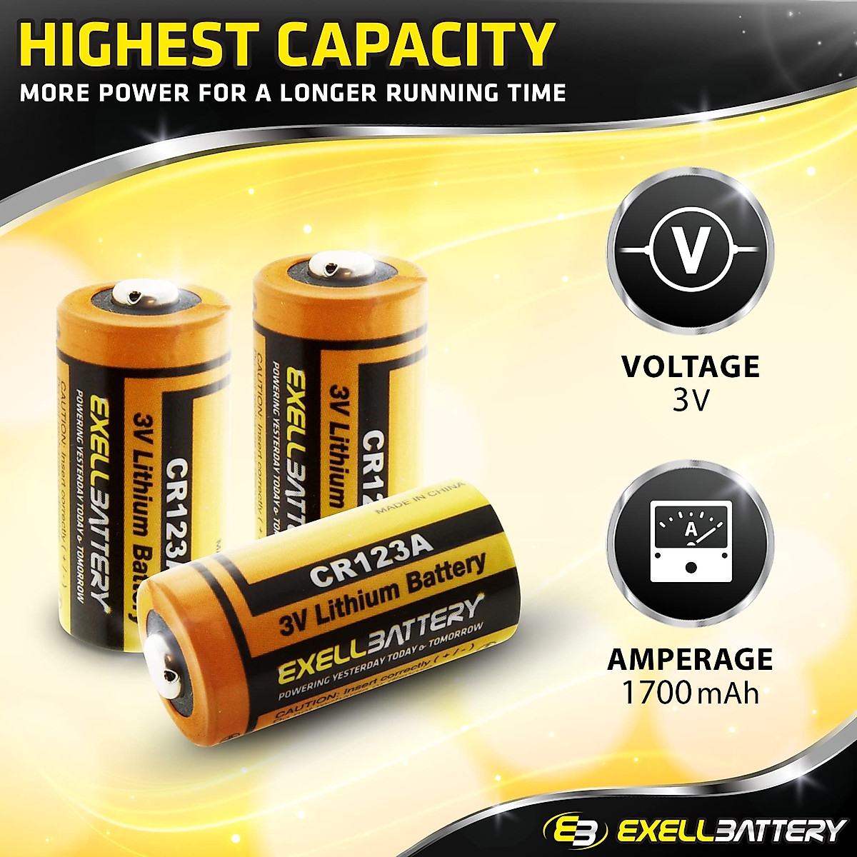 10X 3.0V Exell EB-CR123A Lithium Battery |Highest Capacity ON The Market 1700mAh| Fits Night Optics USA, Pulsar, Night Vision Replaces EL123AP, VL123A, 123-SANYO, 5018LC, 6205, BR2/3A, CR123, CR123-2