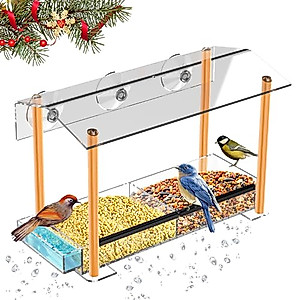 HHXRISE Bird Feeder, Window Bird Feeder for Outside with Strong Large Size Suction Cups, Clear Acrylic Bird House for Viewing with Detachable Seed Tray, Drinking-Water Sink, Rainproof Roof, Drain Hole