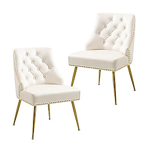 WQSLHX Modern Velvet Dining Chairs Set of 2, Upholstered Button-Tufted Armless Accent Chairs with Golden Legs for Kitchen & Dining Room Living Room, Beige