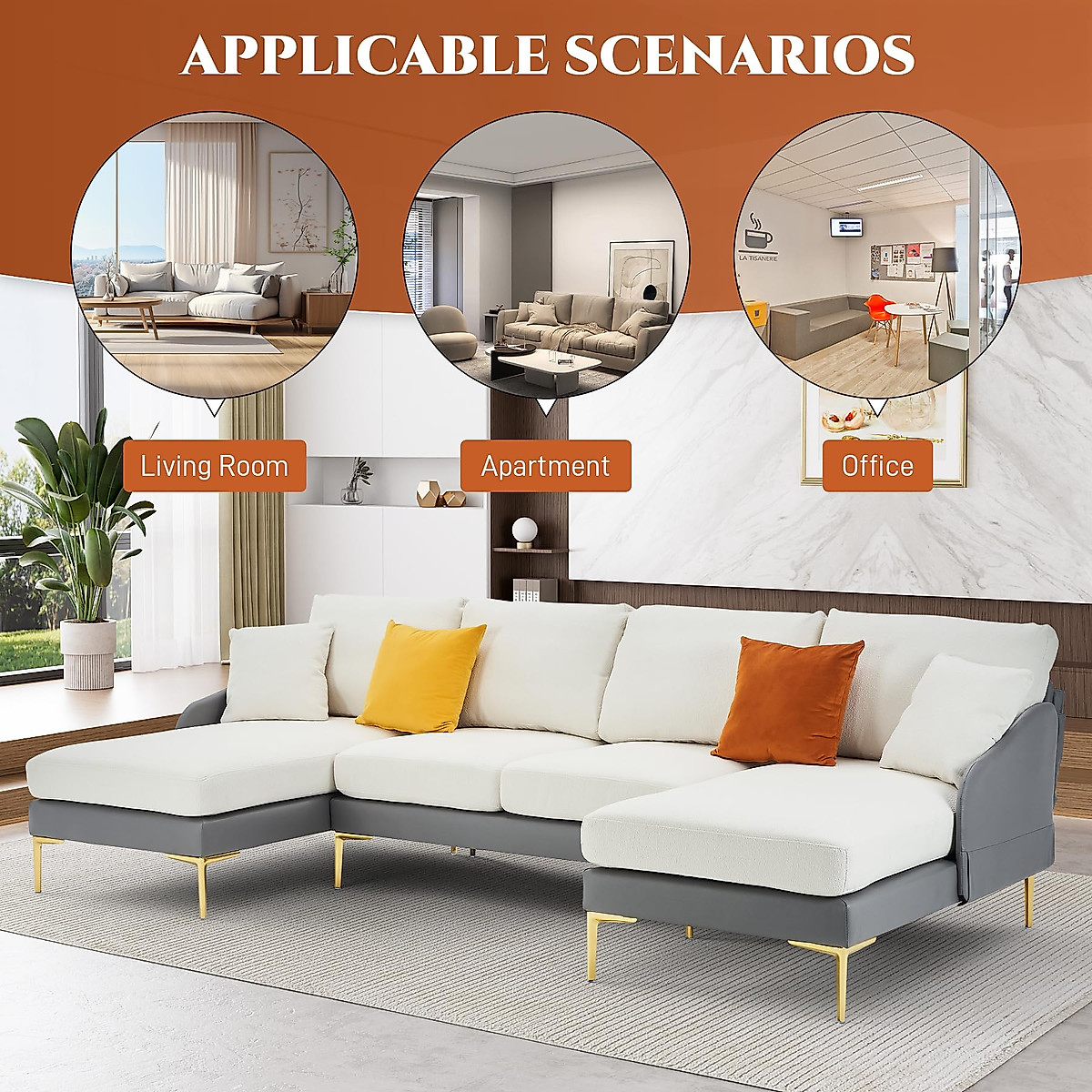 OUYESSIR U Shaped Sectional Sofa Couch, 4 Seat Sofa Set with Double Chaise, 108.5" U-Shaped Modern Fabric Sofa Sleeper with 4 Throw Pillows for Living Room, Grey