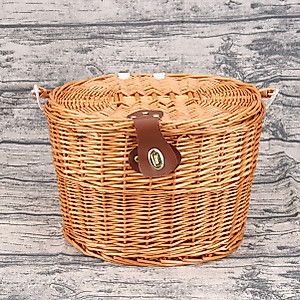 VOSAREA Front Handlebar Rattan Basket Woven Basket with Lid Front Baskets Bicycle Carrier Basket Mountain Bike Basket Woven Bike Basket Bikes for Adults Wicker Basket Bike Rack Girl Bamboo