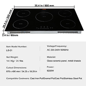 VEVOR Built-in Induction Electric Stove Top 5 Burners,35 Inch Electric Cooktop,9 Power Levels & Sensor Touch Control,Easy to Clean Ceramic Glass Surface,Child Safety Lock,240V