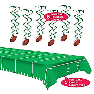 Football Party Supplies - Metallic Hanging Football Whirls and Green Football Field Table Cover With Yard Lines