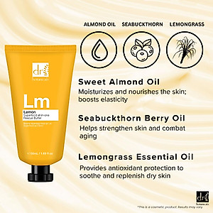 Dr Botanicals Lemon Rescue Body Butter w/Shea - Spa Quality Moisturizer - Dry Skin - Feet - Elbows - Knees - Coconut Lemongrass & Almond Oil - Penetrates Fast - Soft Supple & Radiant - 1.69oz