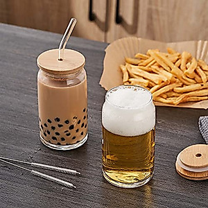 RLCOEUS Set of 4 Drinking Glass Cup with Bamboo Lids and 6 Glass Straws - Can Shape Beer Glasses for Smoothie, Whiskey, and Cocktails, 2 Cleaning Brushes