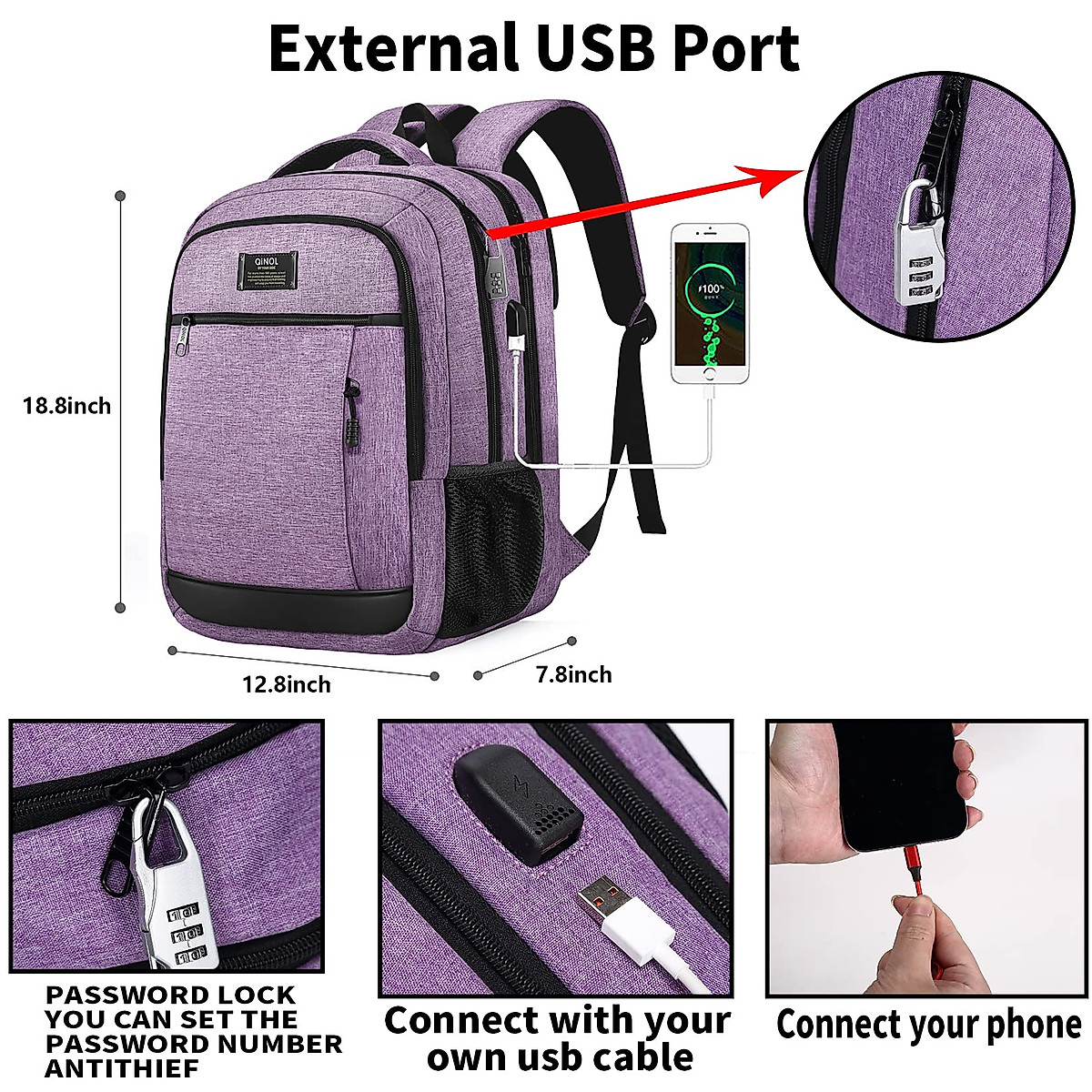 QINOL Travel Laptop Backpack Business Anti Theft Laptop Backpack with USB Charging Port, Large Computer Bag for Men Women(Purple,15.6inch)